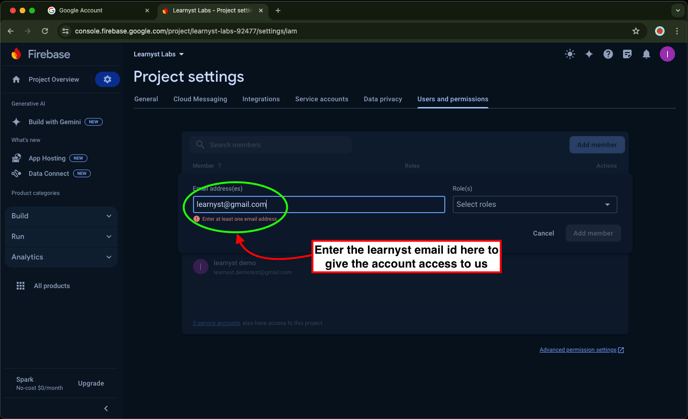 How to create and Grant Firebase Account Access to Learnyst